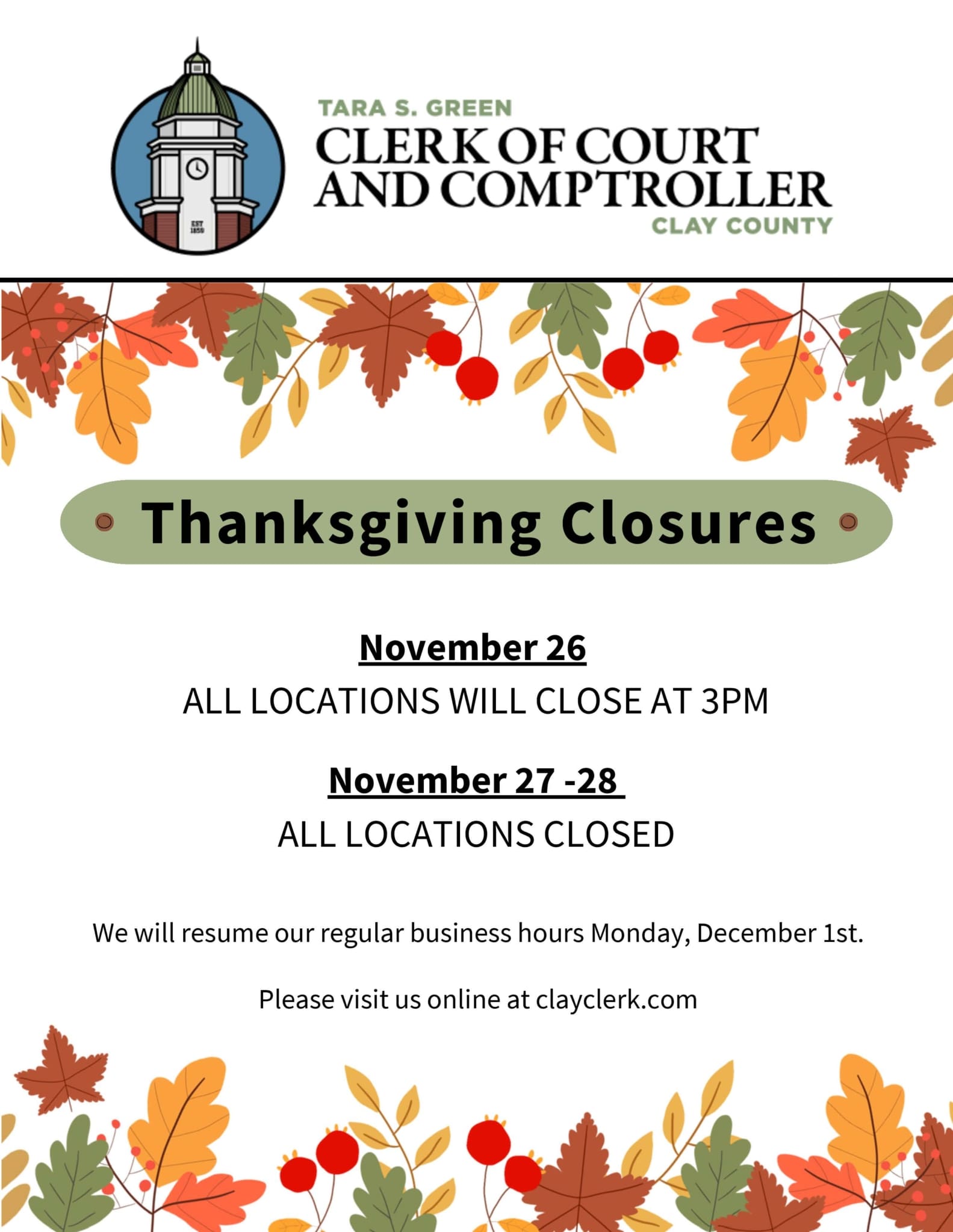 Thanksgiving Holiday Closure Notice | Clay County Clerk of Court